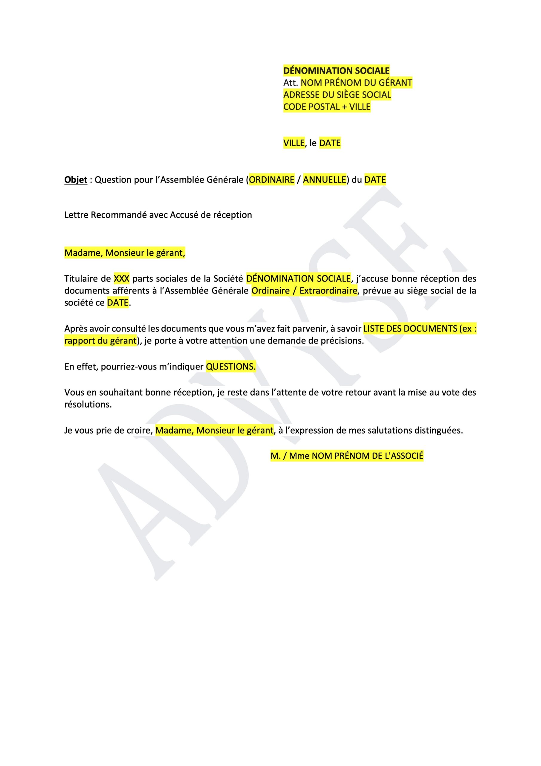 Modèle de lettre d’une question d’un associé non gérant pour l ...
