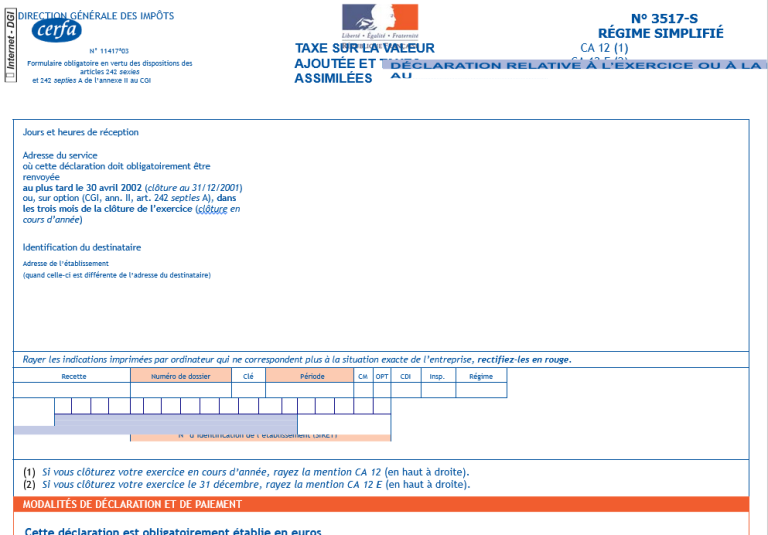 Déclaration de TVA au régime réel simplifié : modèle CA12